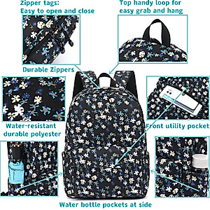Leaper Travel Backpack for Women Girls Water Resistant Backpack for School Laptop Backpack Kids Backpack Kawaii Bookbag Floral Black White Flower