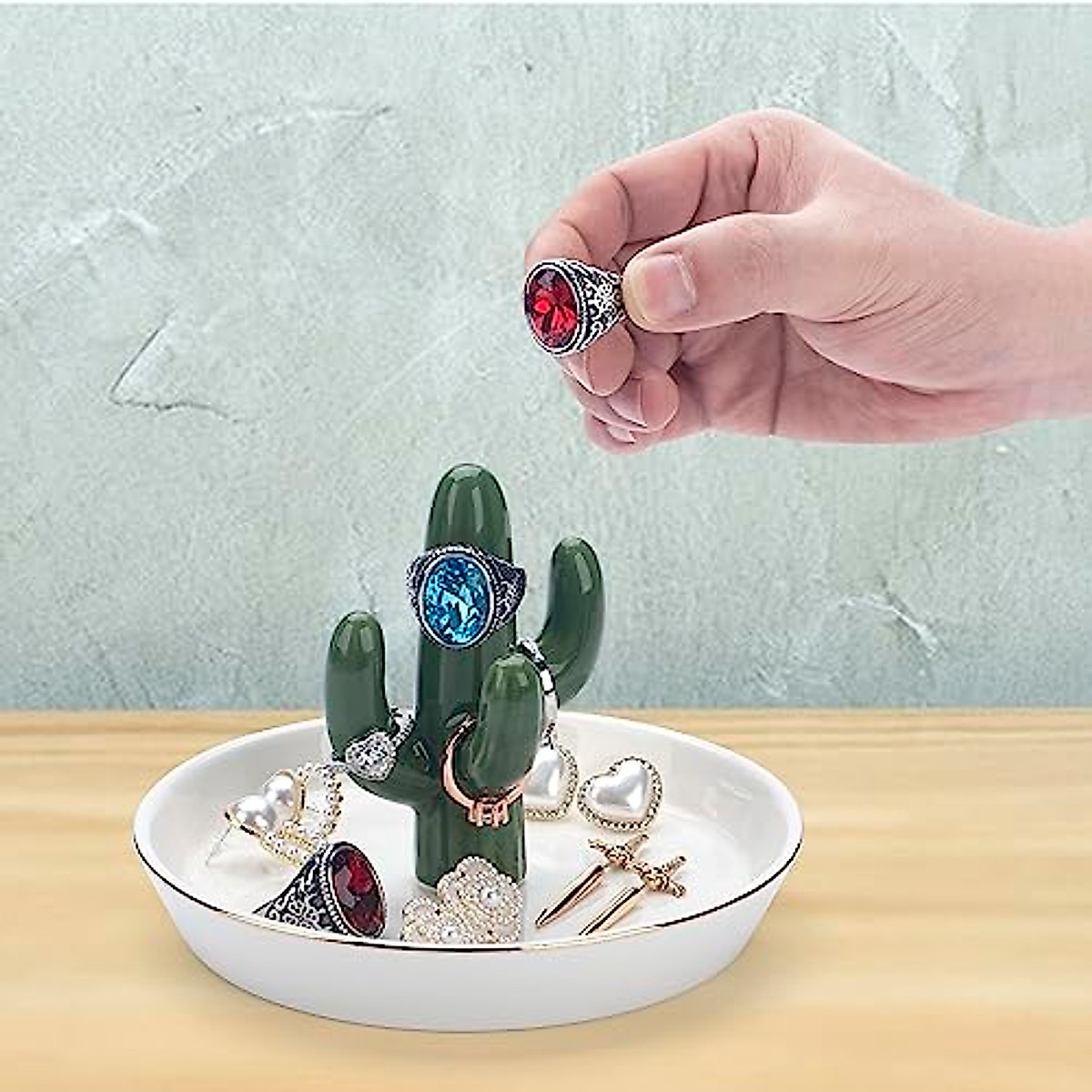 ERDOGLY Cactus Ring Holder for Jewelry, Trinket Dish Ceramic Jewelry Tray for Earrings, Bracelets, Necklace Organizer Display, Rings Dish Cactus Gift for Women Girls Room Decor Aesthetic
