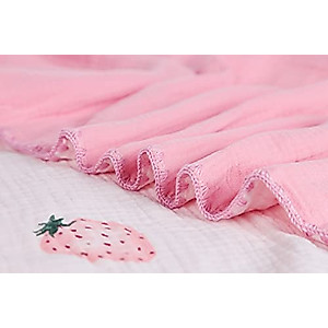 47x59 Extra Large 6 Layer 100% Organic Cotton Super Soft Warm Muslin Baby Swaddle Bed Blanket for Girls Infant Newborn Natural White Color Light Pink Strawberry Fruit Lovely Print Bedding Thick Winter