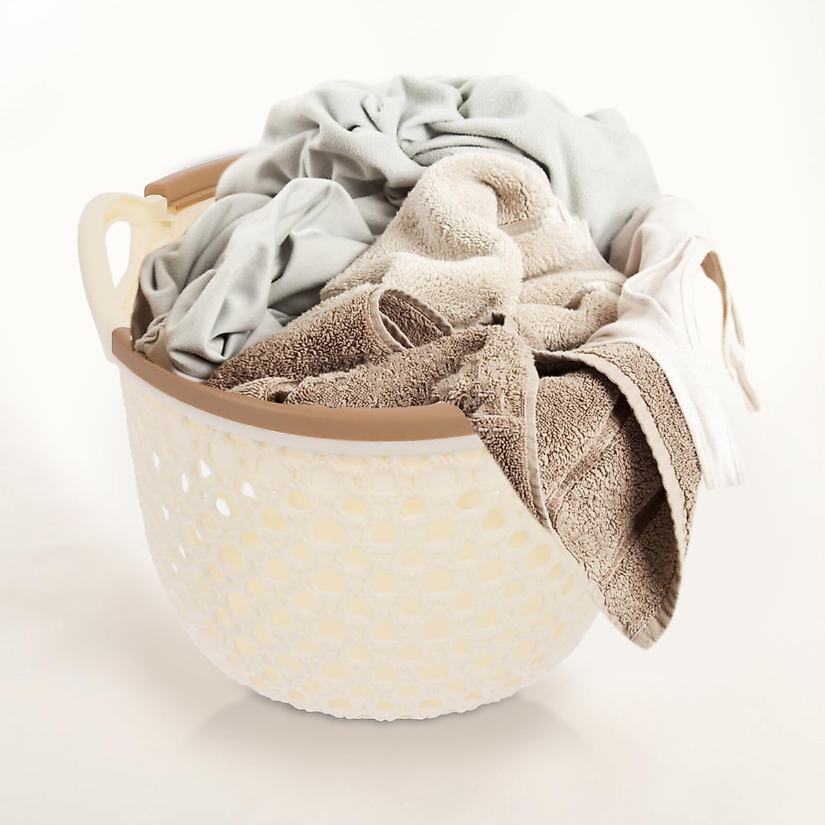 Luxshiny Small Plastic Laundry Hamper Portable Dirty Clothes Basket with Carry Handles for Clothes Bedroom Storage Organization Beige