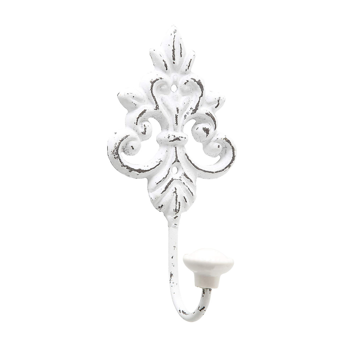 WHW Whole House Worlds Chateaux Fleur De Lis Wall Hooks, Set of 4, Shabby Distressed Finish, French Country Style,Rustic White, Cast Iron, Vintage Inspired, Porcelain Caps, Each 6 3/4