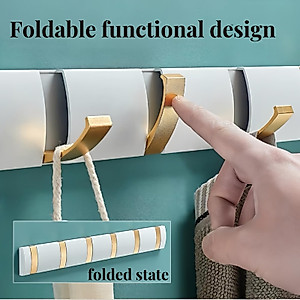 Cehold 2 Pack Foldable Stylish Hook Rack, Modern Coat Rack, Coat Rack Wall Mount, Metal Coat Hook Rail for Coat Hat Towel Purse Robes Mudroom Bathroom Entryway (White and Gold, 5 Hooks)