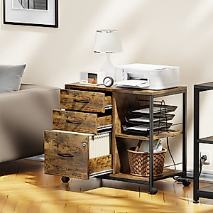 Himusi 3 Drawer Wood File Cabinet with Socket and USB Charging Ports for Home Office, Rolling Lateral Filing Cabinet with Locking Drawer for A4/Letter Size, Printer Stand with Storage, Rustic