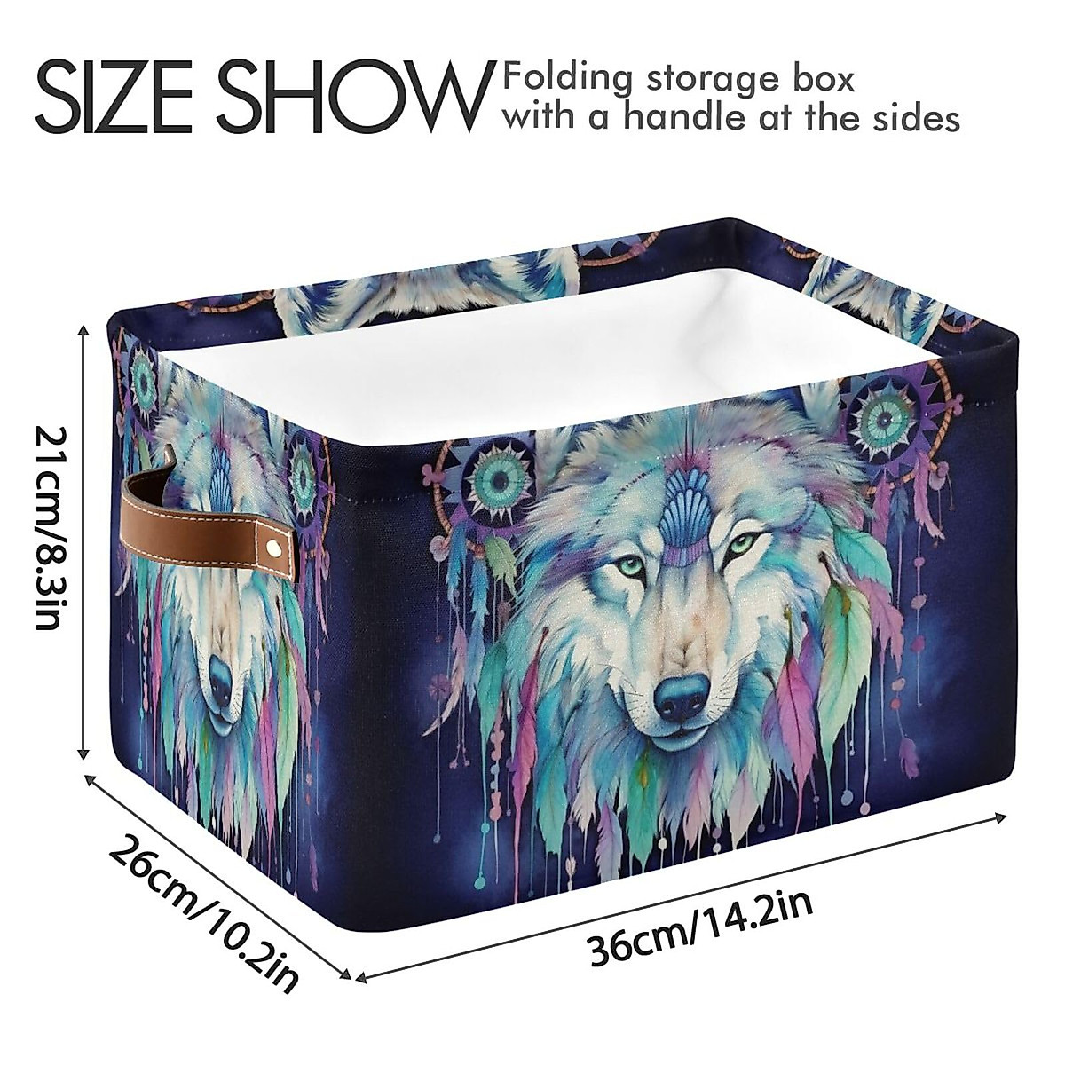 KJIZMO Wolf and Dream Catcher Foldable Storage Basket for Shelves, Collapsible Sturdy Storage Bin with Handles, Canvas Storage Cube for Organizing Closet 1PC
