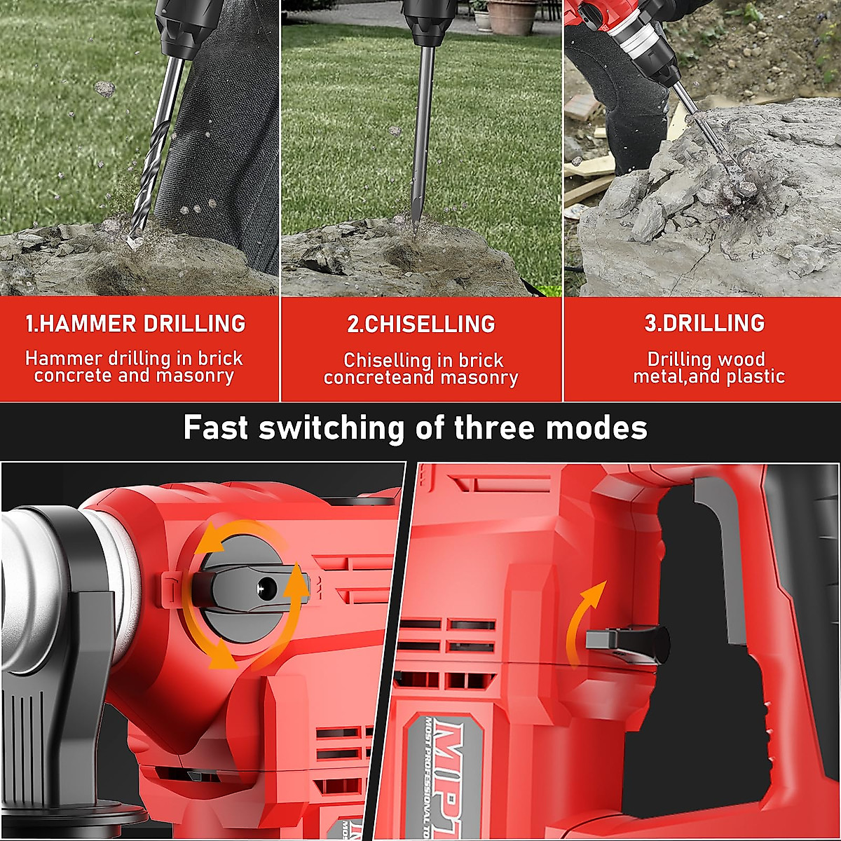 1-Inch SDS-Plus Rotary Hammer Drill, MPT 8.8 Amp Power Hammer Drill, 3 Functions Hammer Drill Heavy Duty for Concrete, Including Chisels, Drill Bits, Grease with Case