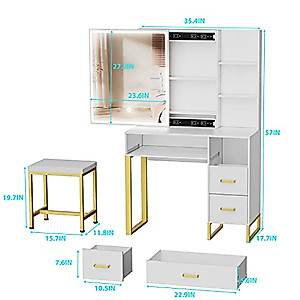PAKASEPT Makeup Vanity with Sliding Lighted Mirror, Vanity Desk Dressing Table with 4 Drawers, White Vanity with Hidden Shelves & Cushioned Stool for Bedroom(White)