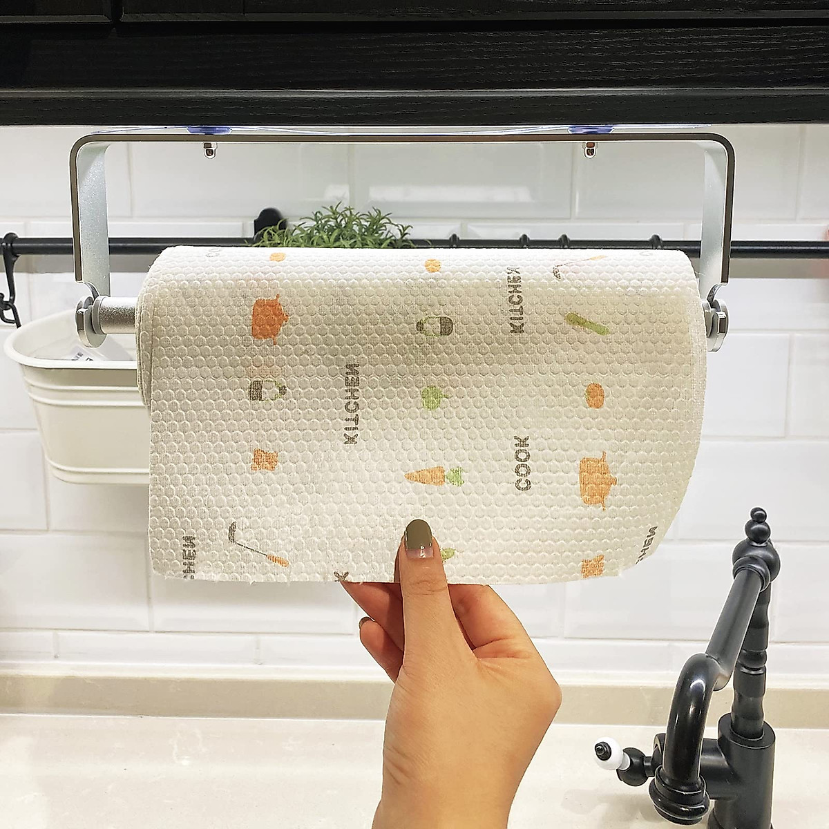 URALFA Adhesive Paper Towel Holder Under Cabinet, Paper Towel Rack Self-Adhesive or Drilling Wall Mounted for Kitchen Towels Holder, Paper Roll Holder for Bathroom, Kitchen, Pantry, Sink (Silver)