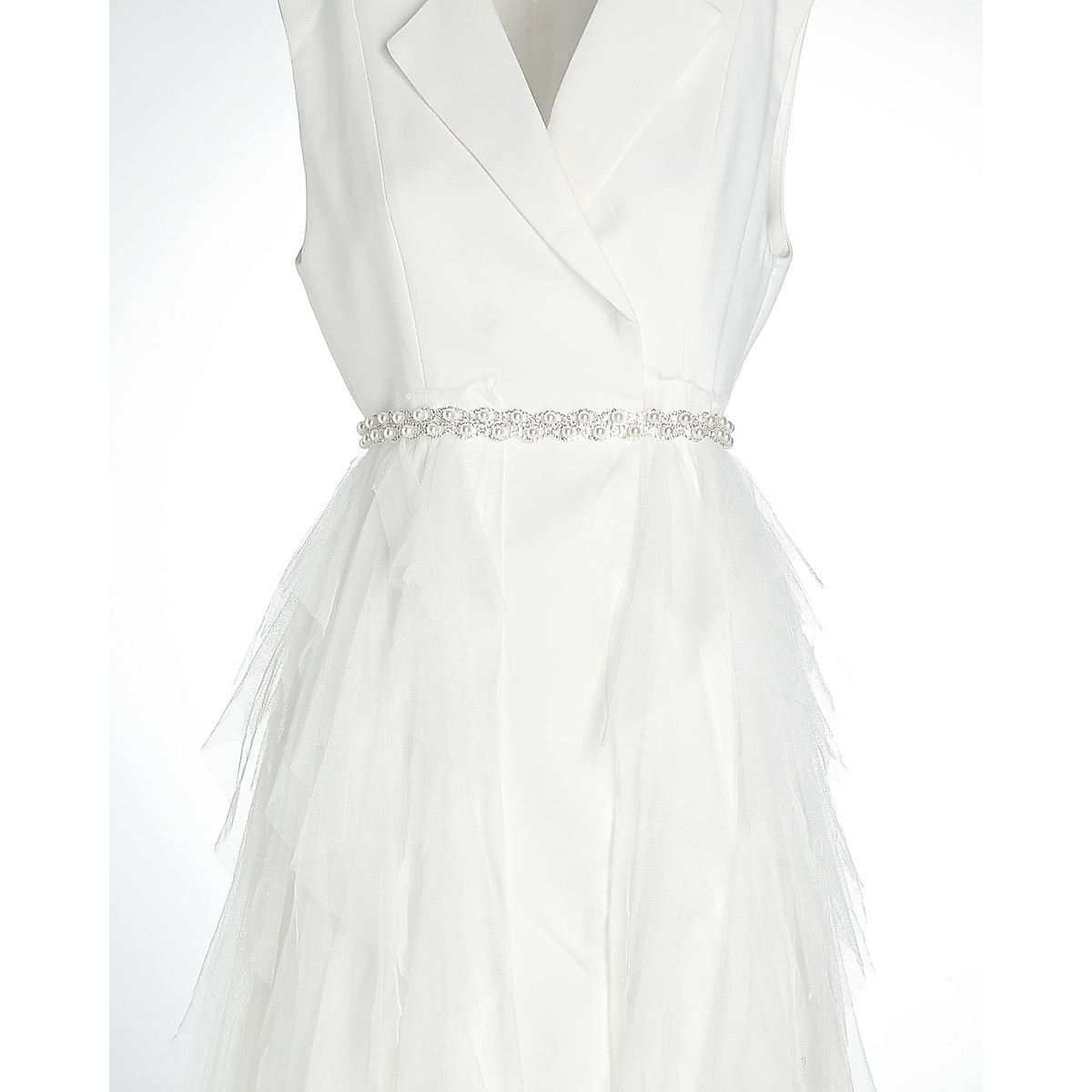 WEZTEZ Women's Crystal Wedding Sash Shining Pearls Bridal Belt Handmade Rhinestone Sash for Bride Bridesmaid Gowns (white ribbon)