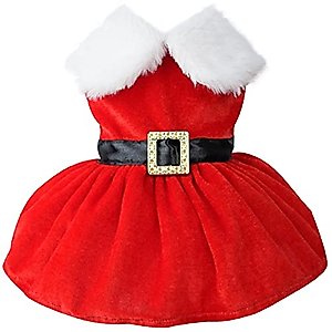 Dog Christmas Costume Puppy Dress, Santa Claus Pet Clothes Velvet Skirt Thermal Shirt Winter Coat Xmas Holiday Apparel Cute Girl Clothing Red Dresses, Dog Outfit for Small Medium Dogs Cats (M, Red)