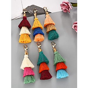 Tatuo 6 Pieces Hand Made Colorful Bohemian Tassel Charm Keychain Handbags Bag Pendant Key Ring Pom Tassels Key Chain（Color Set 1）