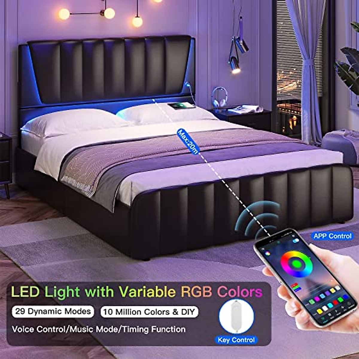 FORABAMB Full Size Bed Frame with LED Lights and USB Ports, Upholstered Platform Bed Frame with Adjustable Headboard and 4 Storage Drawers, No Box Spring Needed,Noise Free, Black