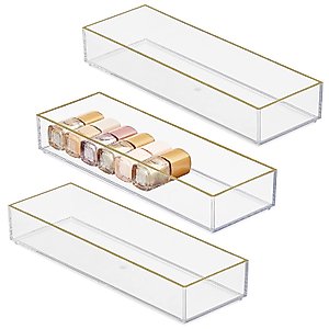 mDesign Slim Plastic Drawer Organizer, Storage Container for Cosmetics, Makeup, and Accessories on Bathroom Vanity, Countertop, or Cabinet - Lumiere Collection - 3 Pack - Clear/Soft Brass