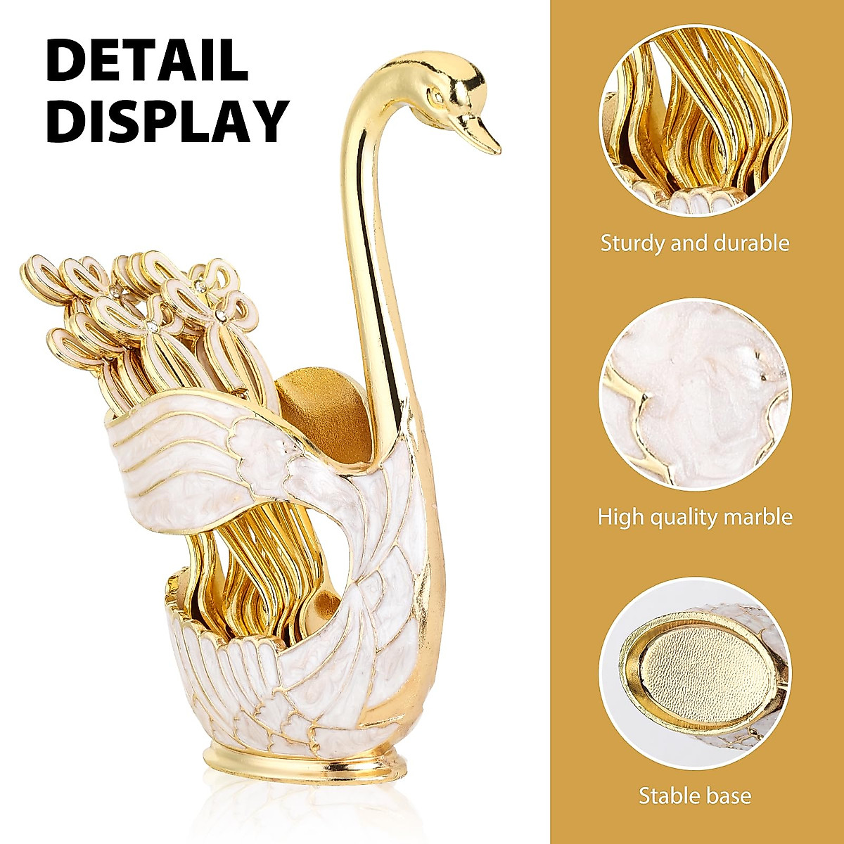 Gold Swan Base Holder,Table Decorative Swan Dessert Spoons Organizer Base Spoons Holder with 6pcs Coffee Spoon set,Elegant Gold Dessert Spoons,Premium Zinc Alloy Swan Base Spoon Organizer (Gold)