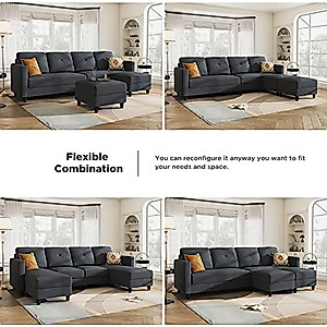 HONBAY Convertible Sectional Sofa U Shaped Couch 4 Seat Sofa with Double Chaises for Living Room, Bluish Grey