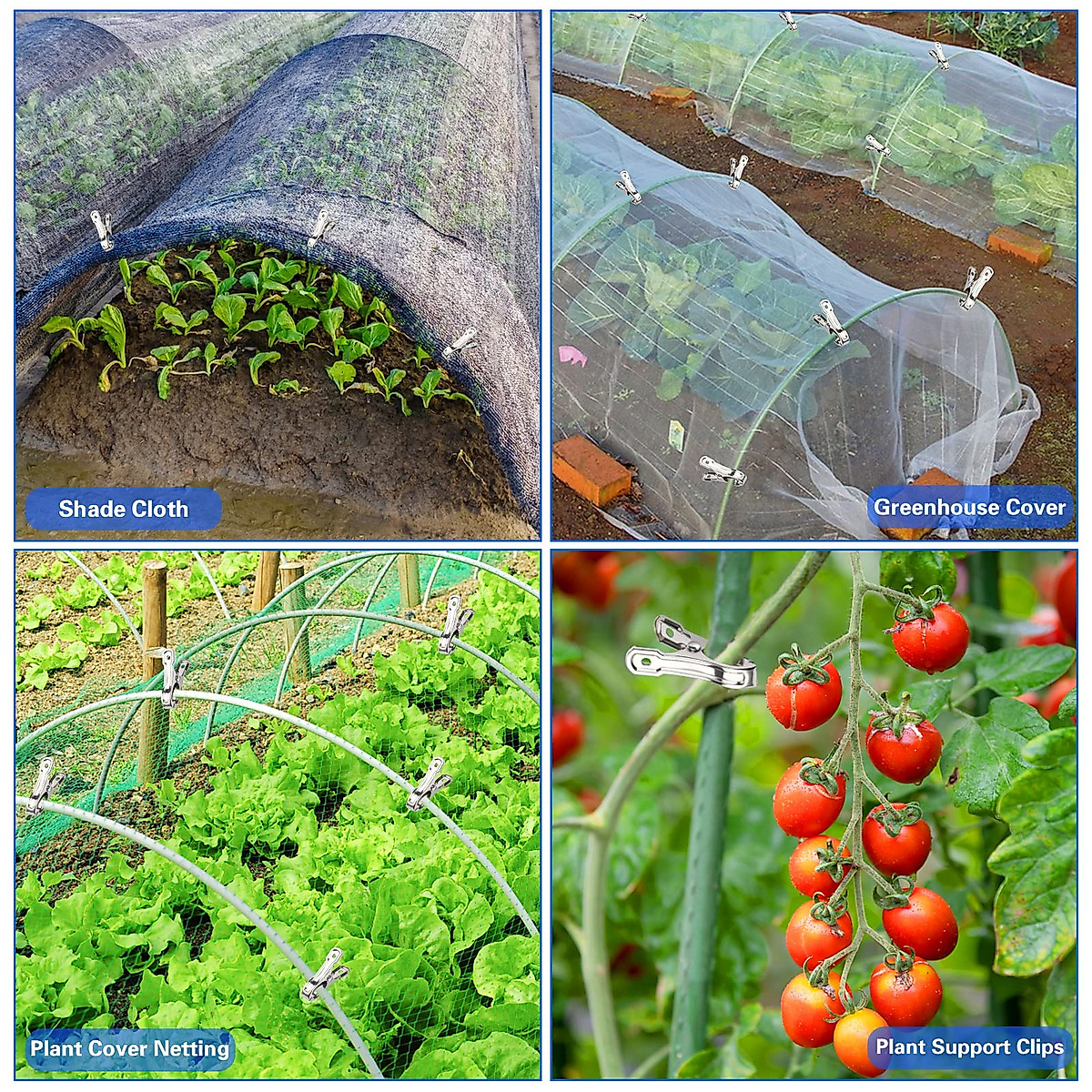 JULMELON Garden Clips, 55 PCS Stainless Steel Greenhouse Clamps Heavy Duty Greenhouse Clips Hoops with Large Open Strong Grip for Shade Cloth or Plant Cover Netting