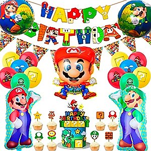 Su-perr M-arioo Birthday Party Supplies,44pcs Su-perr M-arioo Party Decorations Set-Su-perr M-arioo Bros Balloons,M-arioo Balloons Banner etc Su-perr M-arioo Theme Birthday Party Supplies for Boy Kids