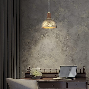 2 Pack 1 Light 8” Vintage Gold Pendant Light Fixtures,Industrial Hammer Metal Hanging Light Rubber Wood Brushed Brass Finish Pendant Lamp for Kitchen Island,Farmhouse Dining Room Over Sink