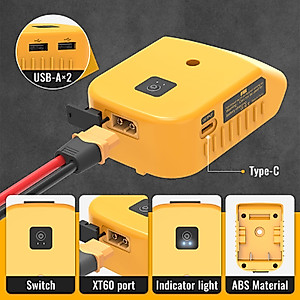 Kzreect Power Wheels Battery Adapter with USB Ports & XT60 Port, Fit for DeWalt 20V Battery, Fast Charging USB Charger Power Adapter for Mobile Devices, DIY Projects, Work Light (Tool Only)