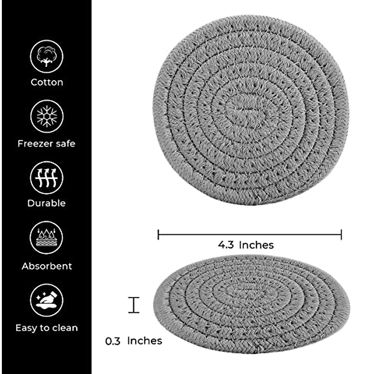 Avalon Cute Coaster Set of 6 Pcs, Super Absorbent Drink Coaster for Desk, Heat Resistant Coaster for Work Desk and Coffee Tabletop Protection Farmhouse Coaster for Home Decor (Light Grey, 4.3 Inches)