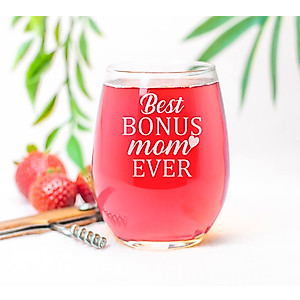 CARVELITA Best Bonus Mom Ever, 15oz Stemless Wine Glass, Mother's Day Gift for Stepmom, From Daughter, Son, Birthday Gift for Bonus Mom