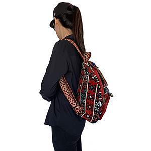 Aysesa Turkish Rug Backpack Multi Pocket Handmade Stylish Designer Daypack Ethnic Handwoven Carpet Bag for Travellers Boho Hippie Bag (Red, Rug)