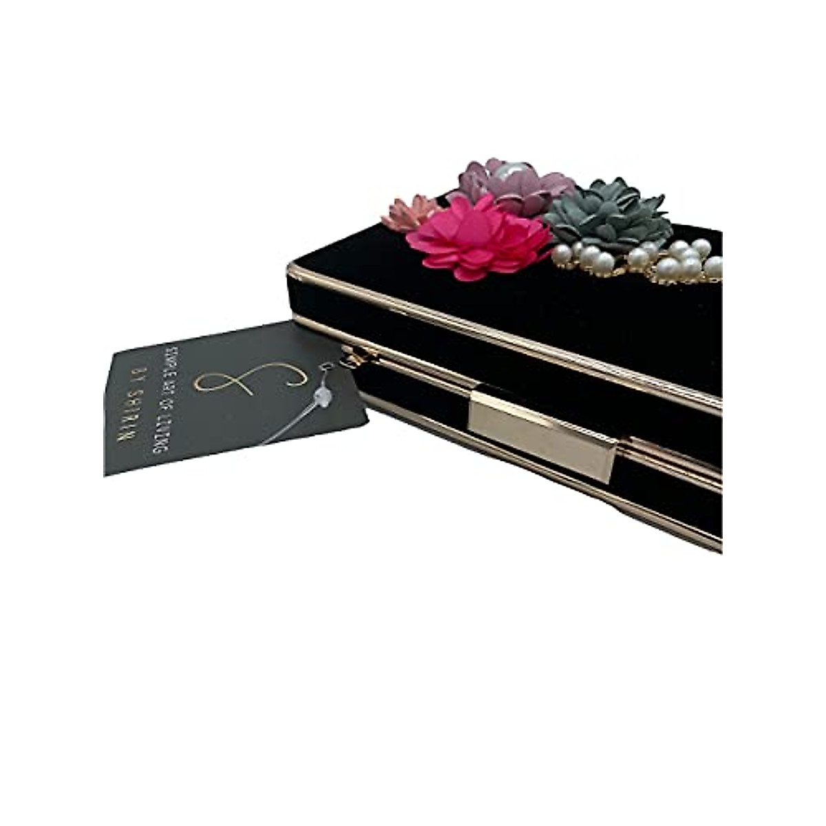 shiiriin | Women’s 3D Floral Black Velvet Clutch Purse Hand Bag | Handmade W/Pearl | Bridal Wedding Evening Formal Party | Crossbody