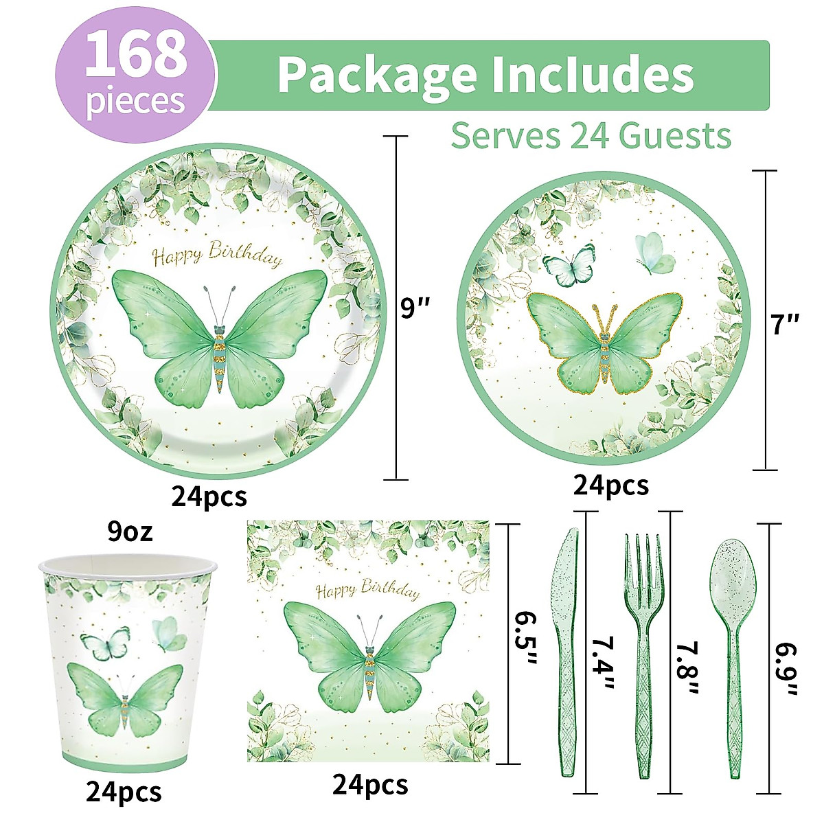 AWLZJZQA 168 Pcs Butterfly Plates and Napkins Party Supplies Serve 24 Guests Sage Green Birthday Plates Disposable Tea Party Decorations Happy Birthday Paper Plates Cups Flower Decor Spring for Women