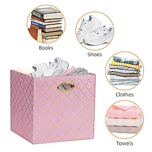 ArcaGuru 13x13x13 Storage Cube Bins, Collapsible Storage Bins Fabric Storage Cubes Organizer Baskets Box Drawers for Shelves, Closet, Wardrobe, Bookshelf, Cabinet, 4 Pack, Pink/Shiny Gold