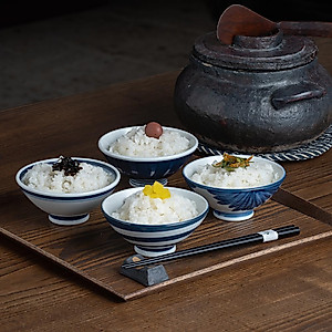 SAZANKA Japanese Rice Bowls Ceramic Soup Bowls Set of 4, 6.1 Ounce Small Cereal Bowls Rice Bowls White and Blue Bowls, Microwave Safe Bowls,Salad and Pasta,Dessert Bowls w/Gift Box