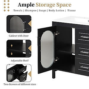 Favfurish 24" Bathroom Vanity with Sink,Wooden Storage Cabinet with Glass Door and Drawers,Adjustable Shelf,Single Undermount Ceramic Basin,for Bath,Easy to Assemble,Black