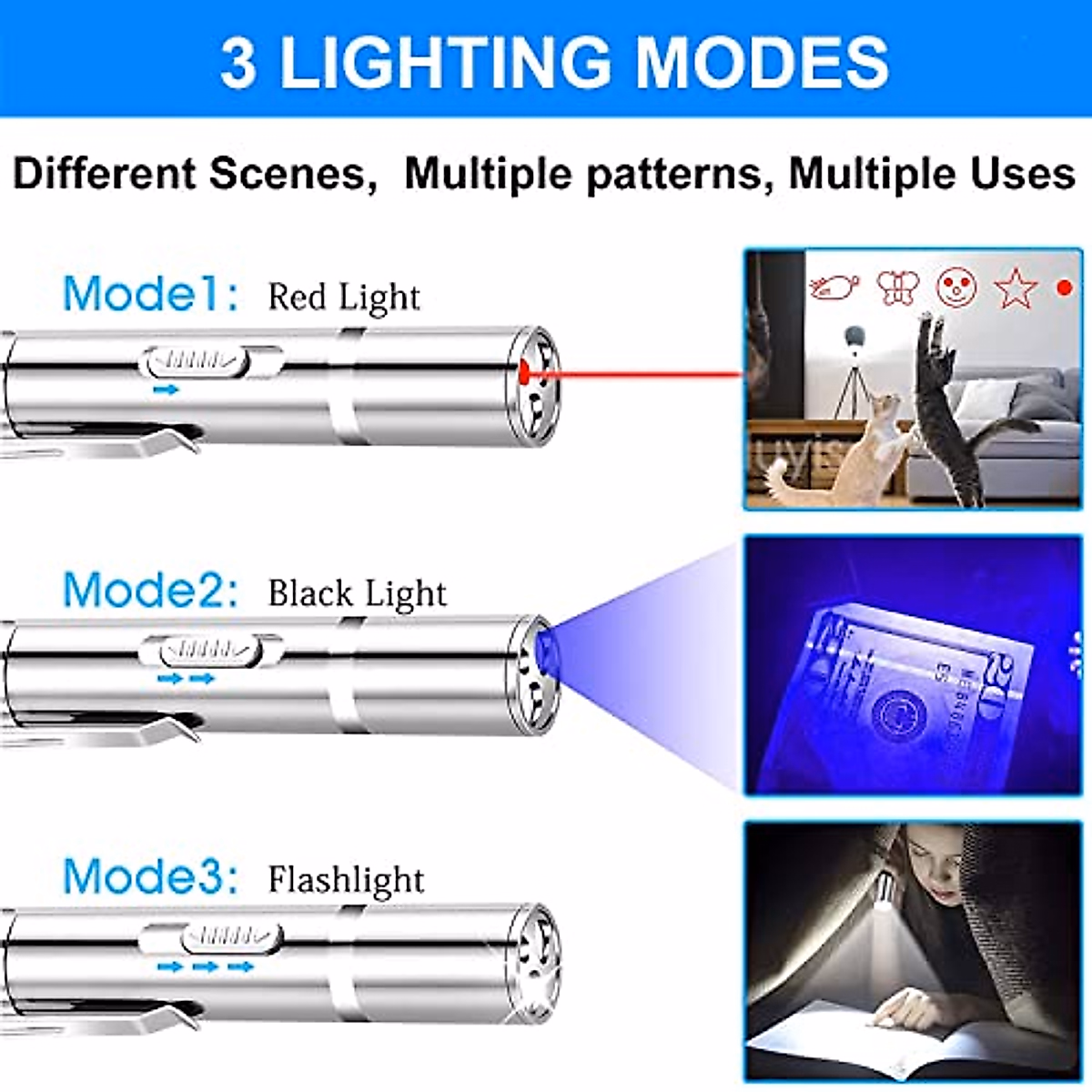 Cat Laser Toy, Laser Pointer Interactive Cat Toy for Indoor Cats Dogs, Red Light Lazer Pointer 7 Adjustable Patterns, Long Range 3 Modes USB Rechargeable Pet Kitten Laser Toy Teaching/Presentation Pen