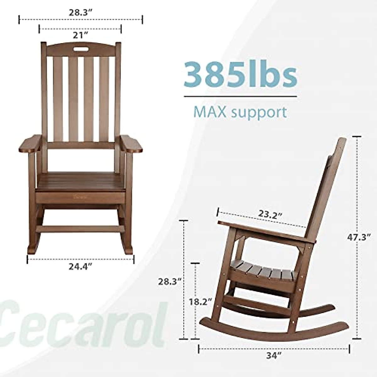 Cecarol Patio Oversized Rocking Chair Outdoor, Weather Resistant, Low Maintenance, High Back Front Porch Rocker Chairs 385lbs Support Poly Lumber Rocker, Wood-Like Plastic Chair, Coffee-PRC01