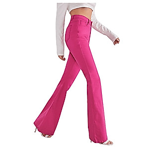 SweatyRocks Women's Casual Denim Pants Heart Print High Waist Stretchy Bell Bottom Flared Jeans Hot Pink L