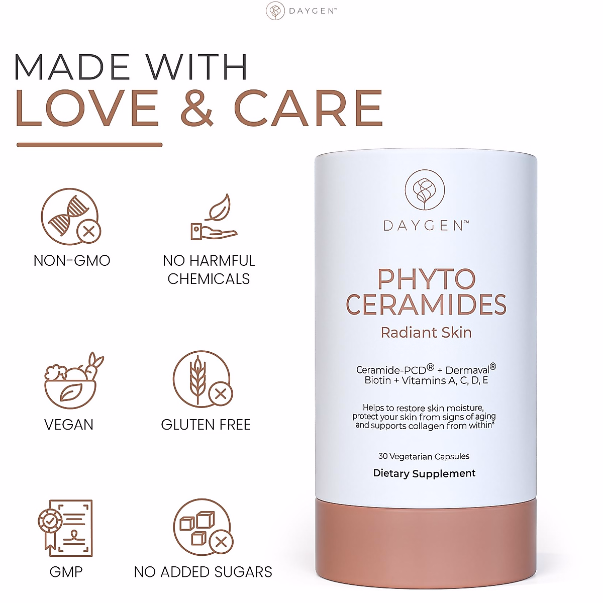 DAYGEN Phytoceramides Radiant Skin with Ceramides & Dermaval - Restore Skin Moisture, Support Collagen Production, with Biotin and Vitamins A,C,D and E – Gluten Free, Natural, 30 Capsules