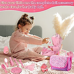 deAO 13 Inch Newborn 26 PCS Baby Doll with Clothes Doll Accessories Reborn Realistic Baby Dolls with Carrier Bassinet Bed,Pillow & Caring Set Baby Grow Up Doll for Kids Girl