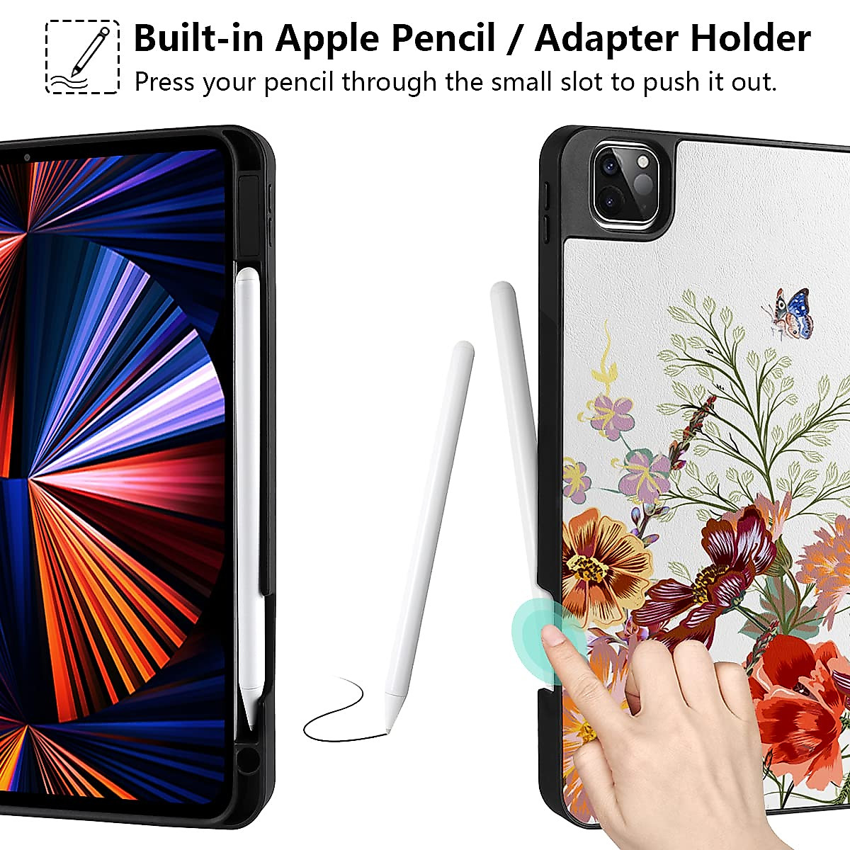 DONGKE Floral Design Case for iPad Pro 12.9 inch 6th, 5th, 4th, 3rd Gen with Pencil Holder, Auto Wake/Sleep, and Stand