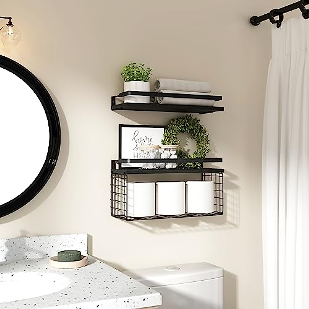 WXCGX Floating Shelves, Rustic Floating Shelves Wood Over Toilet with Paper Storage Basket, Farmhouse Wall Mounted Shelves Floating Shelf for Bathroom Bedroom Wall Decor Living Room Kitchen (Black)