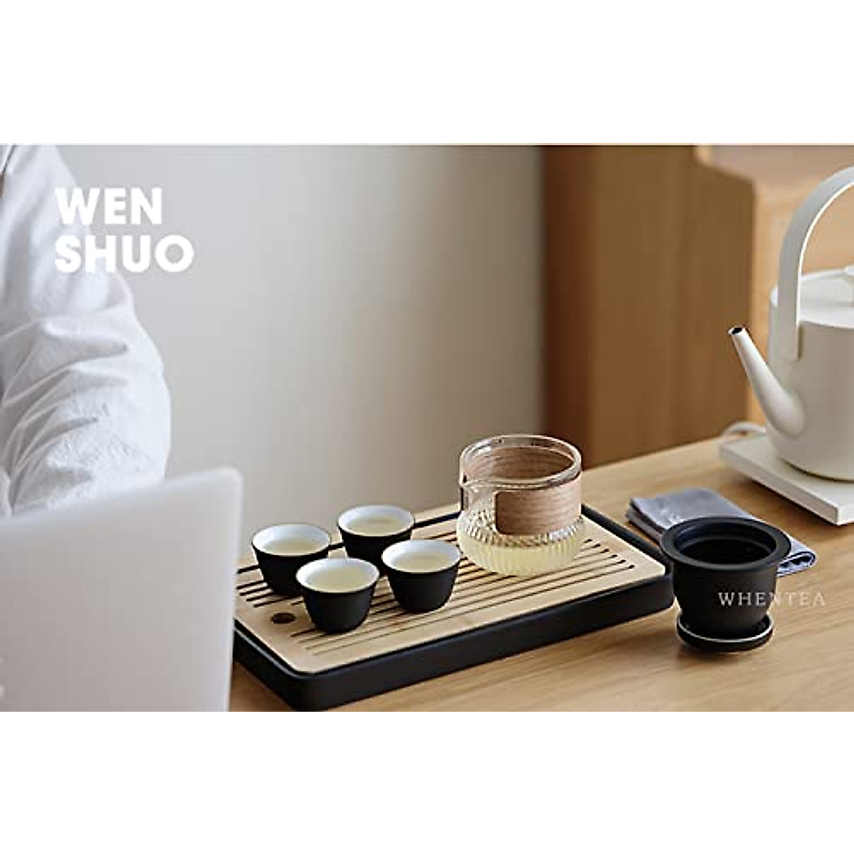 Ceramic Tea Tray, Double-Layer Bamboo Tray, for Tea Table (Rectangle, Black)