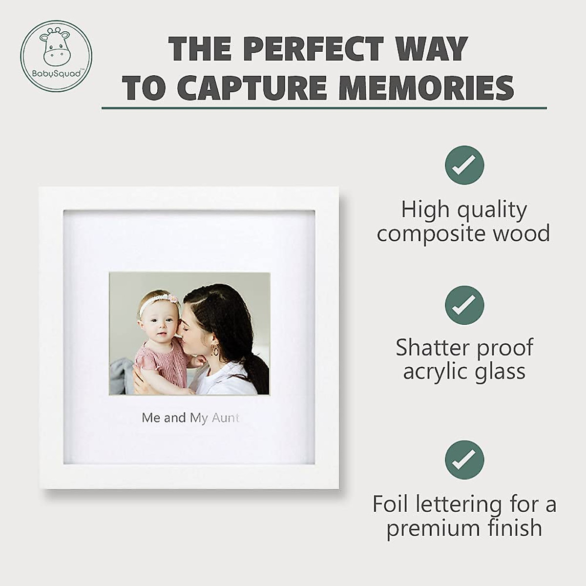 BabySquad Me and My Aunt Photo Frame, 7 x 7 (INCHES), Sawtooth Hanger + Kickstand, Aunt Gifts, Handcrafted White Wooden Photo Frame, Keepsake Gift