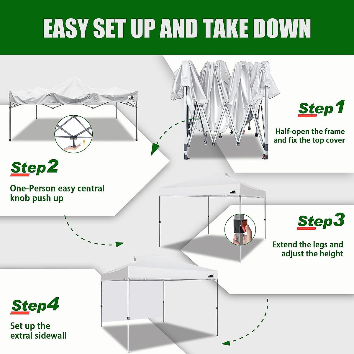 Eurmax USA NOMATTER ONE-Person Open&Close 10x10ft Pop Up Canopy Tent,Portable Shelter Canopy for Outdoor Events with 1 Removable Sidewall,Instant Canopies,Temporary Sunshade,Bonus 4 Sand Bags(White)