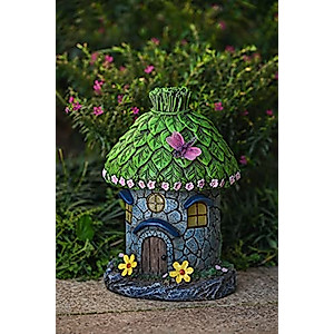 TERESA'S COLLECTIONS Dome Roof Fairy House Garden Statues with Solar Lights, Garden Ornaments Decor, Resin Outdoor Figurines for Patio Yard Porch Decorations, 7.8 Inch