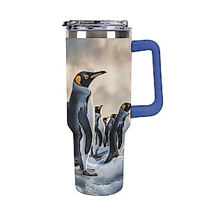 LLUTSNTH 40 Oz Vacuum Tumbler with Deep Blue Handle Leakproof Insulated Tumbler Sea Penguin Stainless Steel Travel Mug with Lid And Straw Coffee Cup Cute Water Bottles Cup Holder Friendly