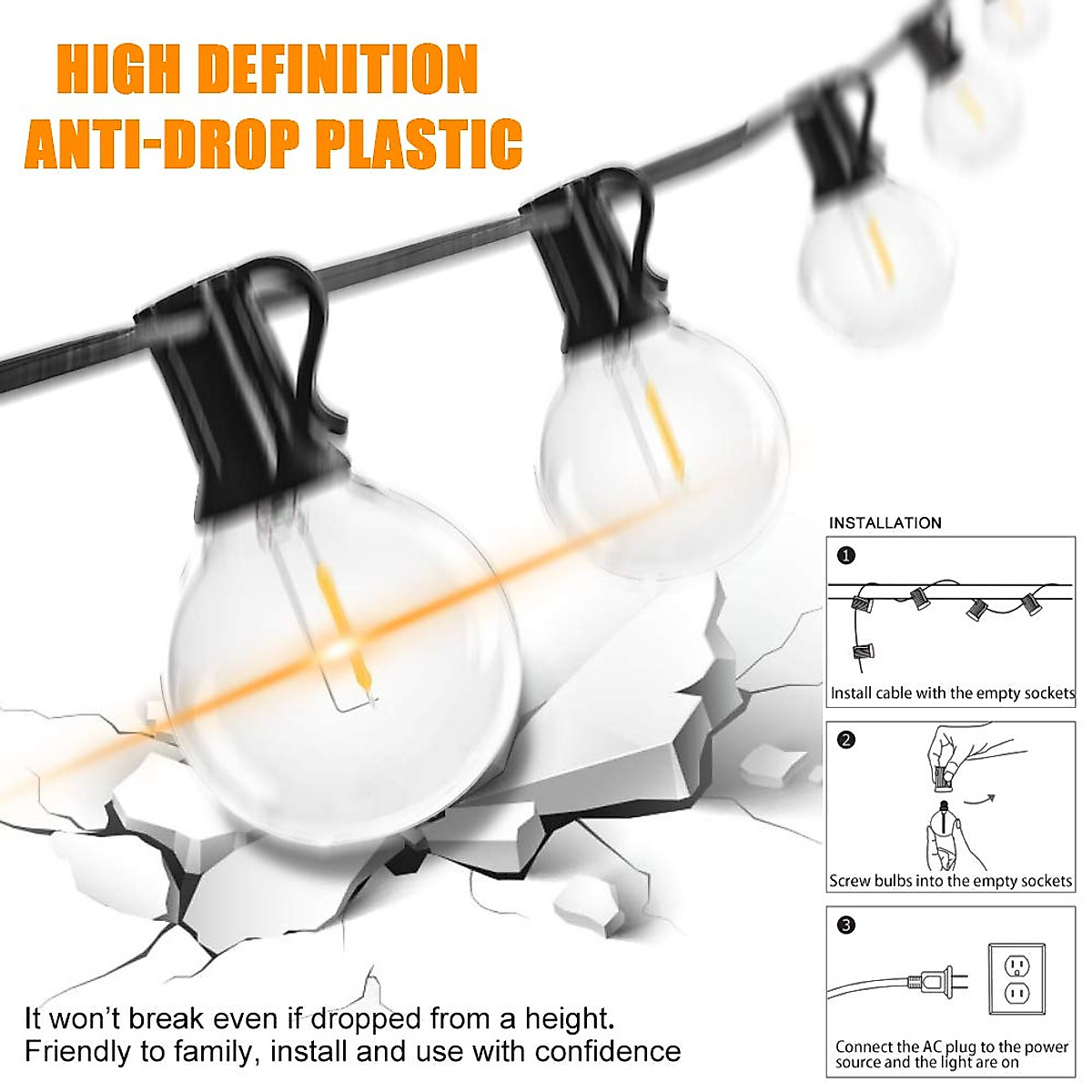 HooYan Outdoor LED String Lights Indoor Decor Lights Patio Garden Wedding Party G40 Globe Plastic Light Bulbs Waterproof Connectable Shatterproof 25Ft E12 Socket Base (50FT)