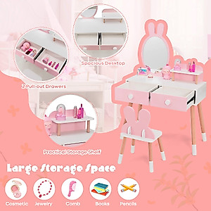 HONEY JOY Kids Vanity, Rabbit Themed Toddler Wooden Makeup Table and Chair Set w/2 Large Drawers, Beech Wood Legs, Princess Dressing Beauty Table, Girls Vanity Set with Mirror and Stool (Pink)