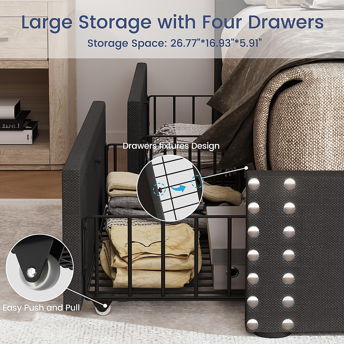 BRELTAM Queen Size Bed Frame with Storage Drawers and Headboard Linen Upholstered Platform Bed Tufted Bed Frame with Wood Slats Support, Noise-Free, Dark Grey