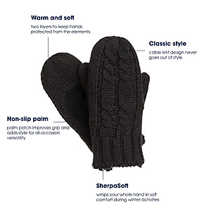 isotoner womens Chunky Cable Knit Sherpasoft cold weather mittens, Black, One Size US