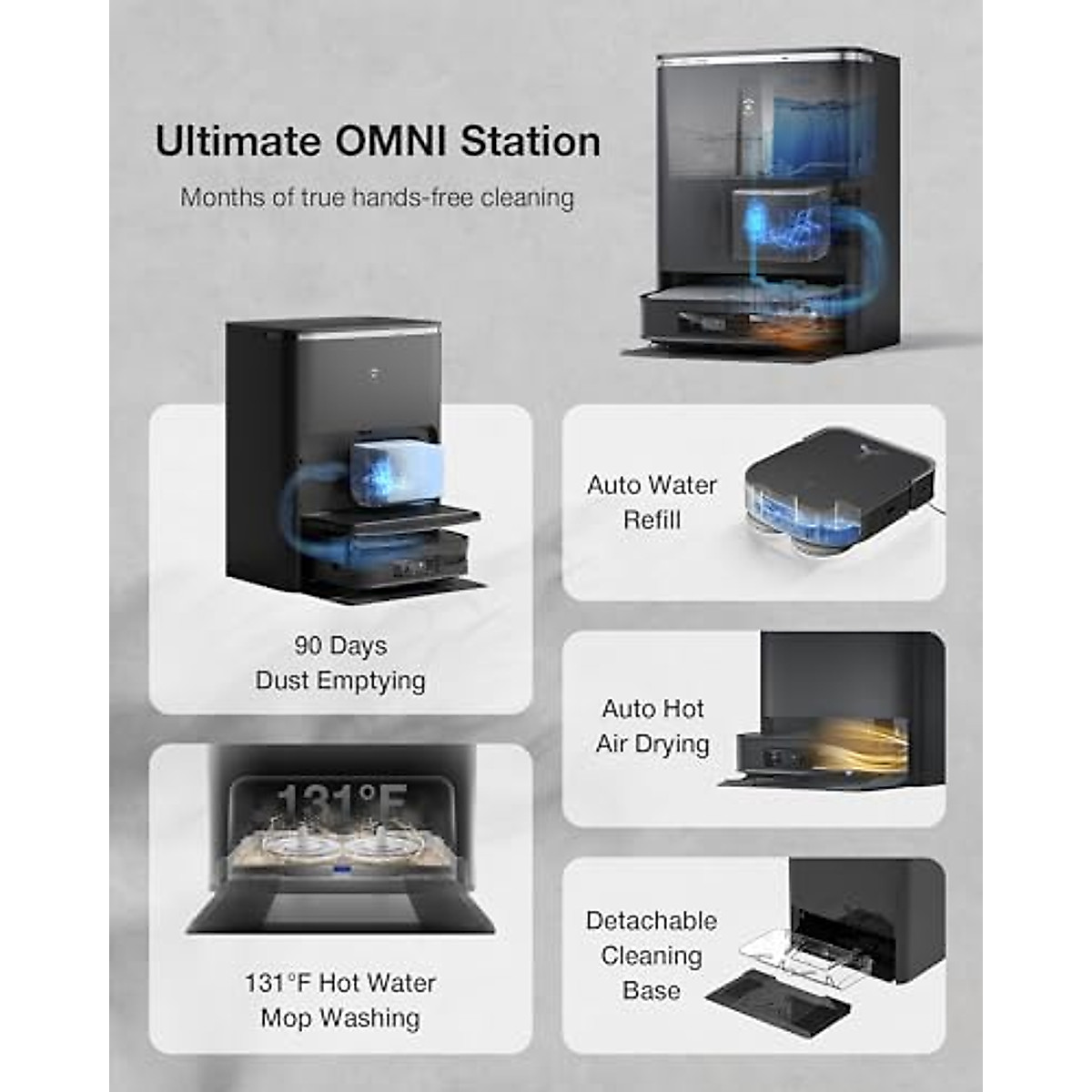 ECOVACS DEEBOT X2 Omni Robot Vacuum and Mop, 8000Pa Suction, 15mm Lift, Omni Station with Hot Water Mop Washing, Self-Emptying, Hot Air Drying, Auto-Refill, Obstacle Avoidance,Black