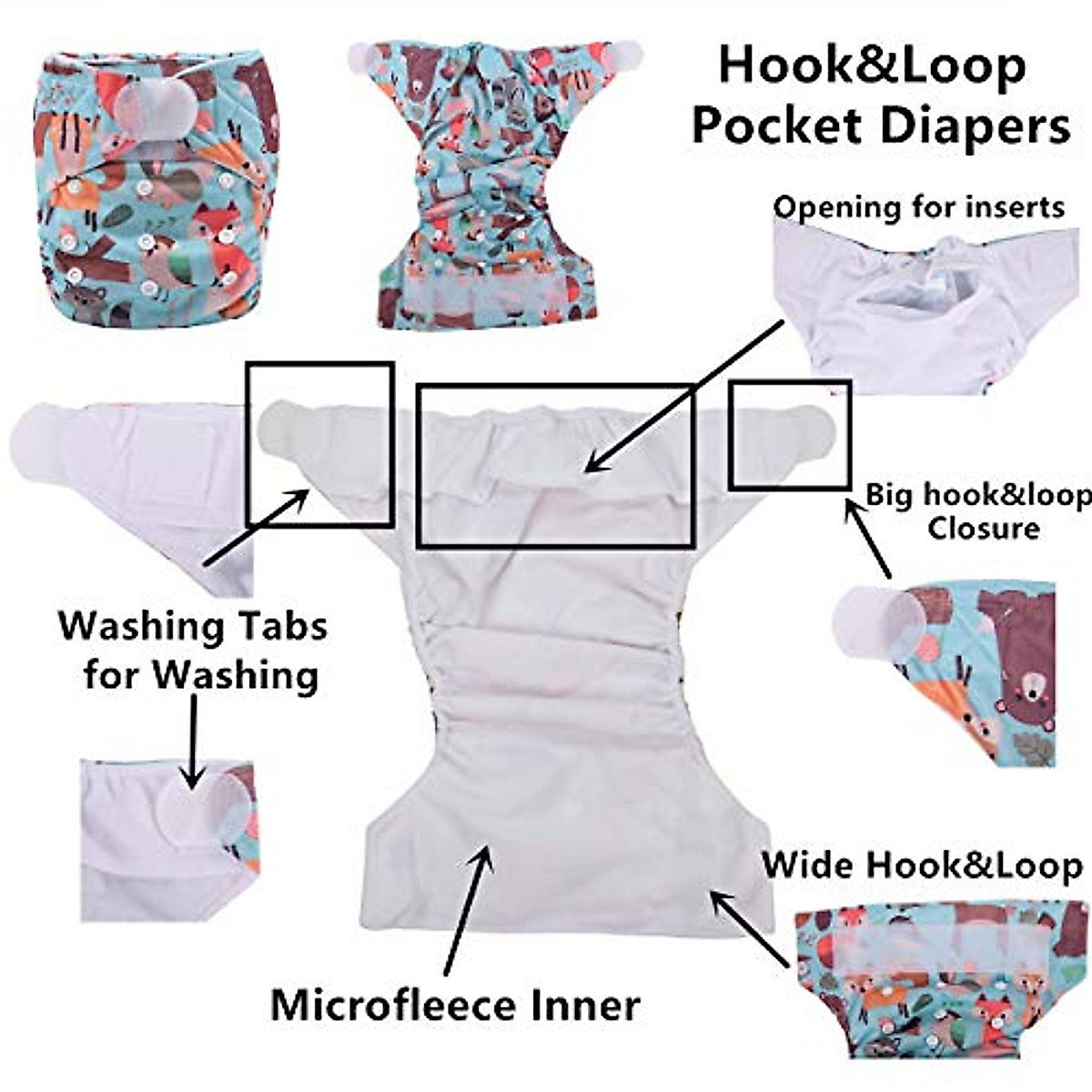 Baby Pocket Cloth Diaper Nappy Hook and Loop (Bears Teepee)