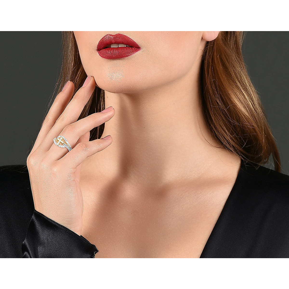 Savlano 18K White & Yellow Gold Plated Round Cut Cubic Zirconia Small Cross Band Ring Women Religious Ring