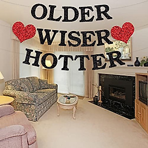 PALASASA Older Wiser Hotter Banner - Funny 30th 40th 50h 60th 70th 80th Birthday Party Decorations, Black Red Glitter Photobooth Decorations Backdrop